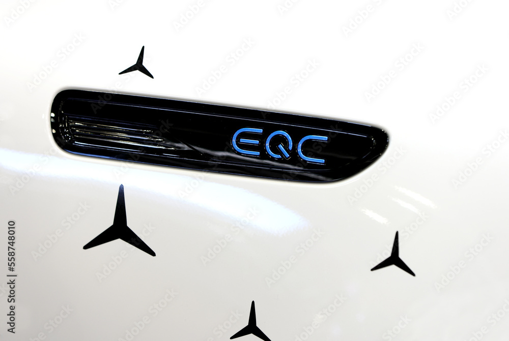 Closeup view logo sign of a full electric Mercedes Benz EQC 400 4 Matic ...
