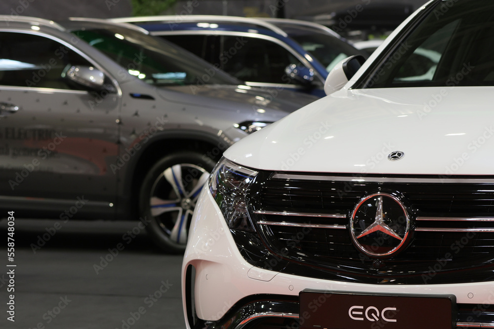 Front-side view and the logo sign of a full electric and automatic ...