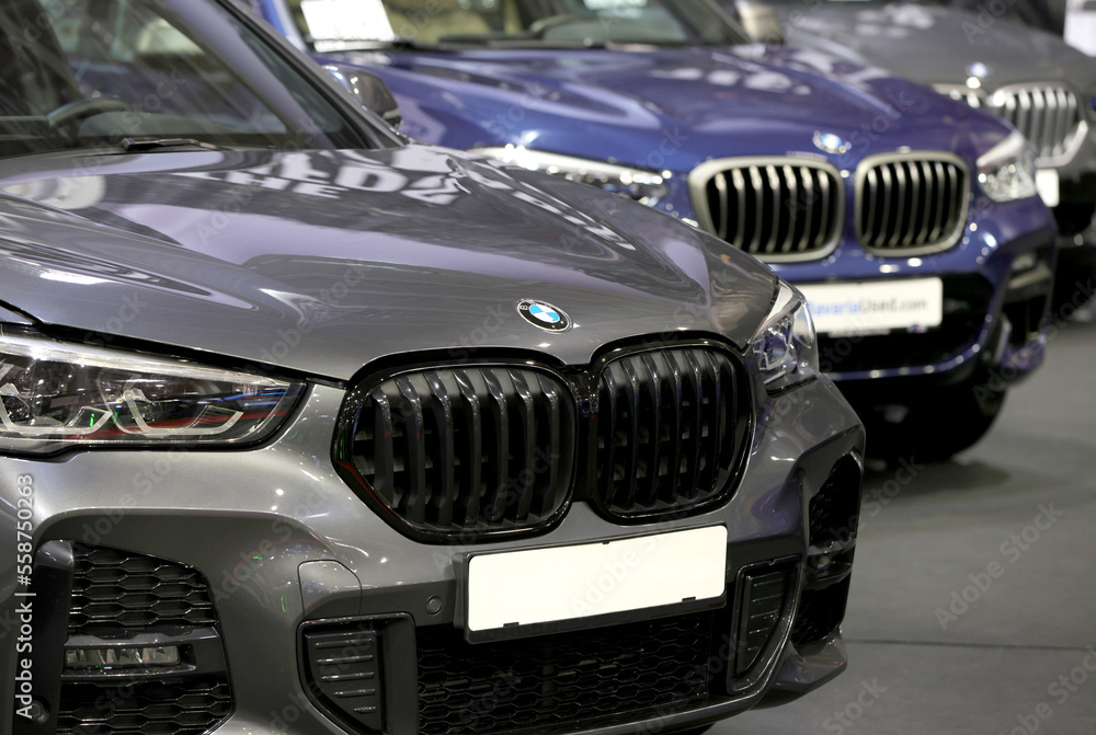 Front-side view with logo and head light detail of a BMW automatic ...