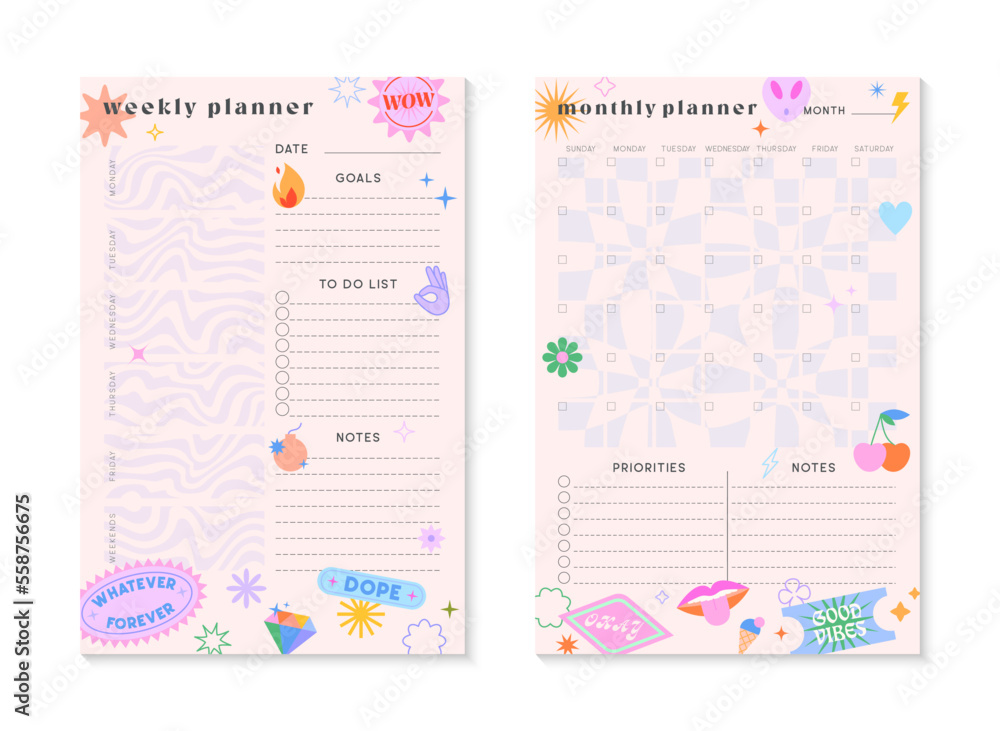 Vector weekly and monthly planners templates with y2k patches,icons and ...