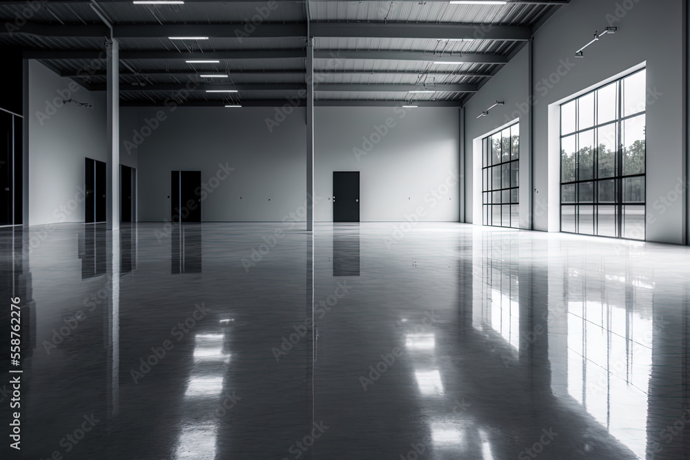 Interior of industrial building warehouse with polished concrete floor ...