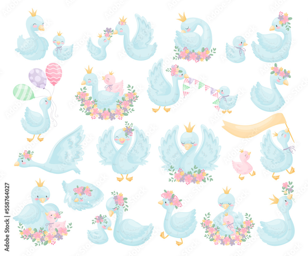 Cute princess swan set. Beautiful white swans in golden crowns cartoon ...