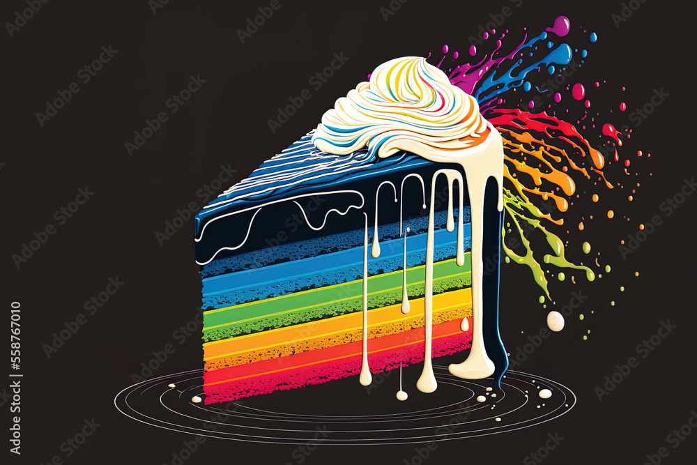 Dark grey background with whipped cream topped rainbow cake. White ...