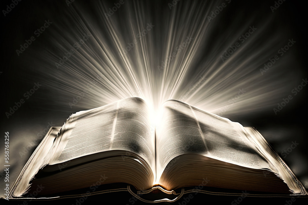 An open Bible with rays of light coming out of it. Generative AI. Stock Illustration | Adobe Stock