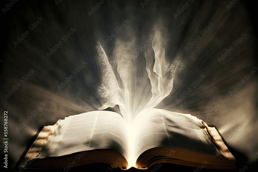 An open Bible with rays of light coming out of it. Generative AI. Stock Illustration | Adobe Stock