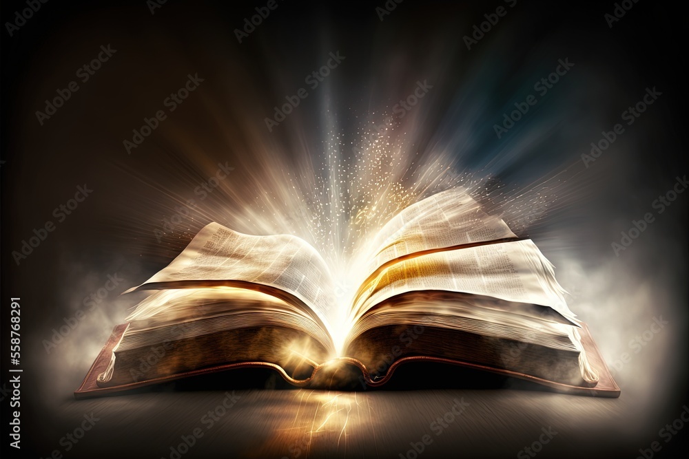 An open Bible with rays of light coming out of it. Generative AI. Stock ...