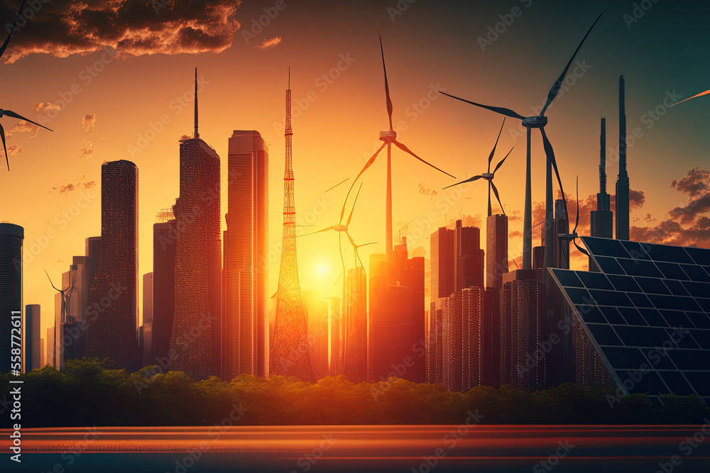 Sustainable energy solution concept with lovely sunset lighting. A ...
