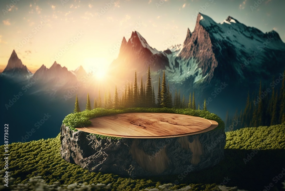 A wooden stump as a pedestal for displaying camping goods. Showcase in ...
