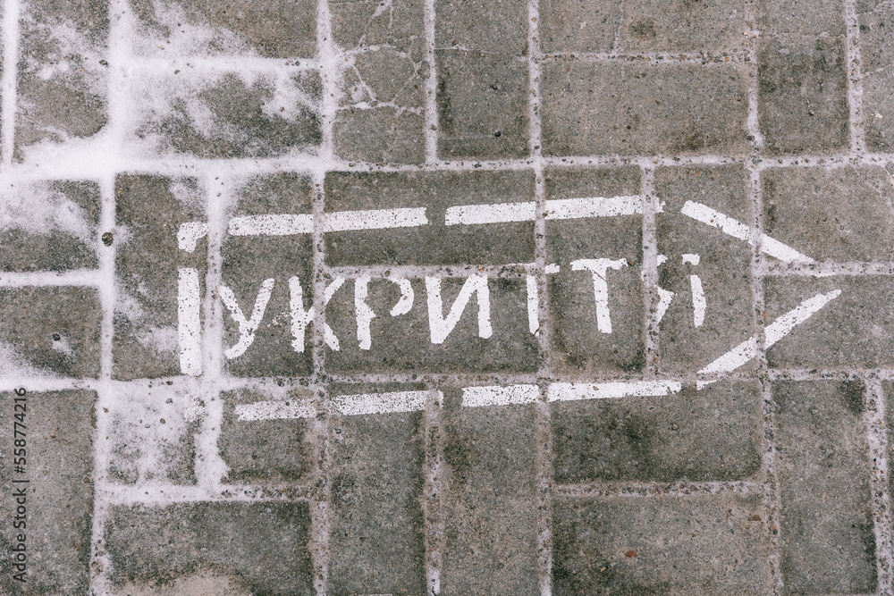 Inscription in Ukrainian on the pavement tile "Shelter" with a drawing ...
