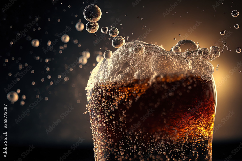 Ice crystals up close with a dark cola backdrop. froth and little ...