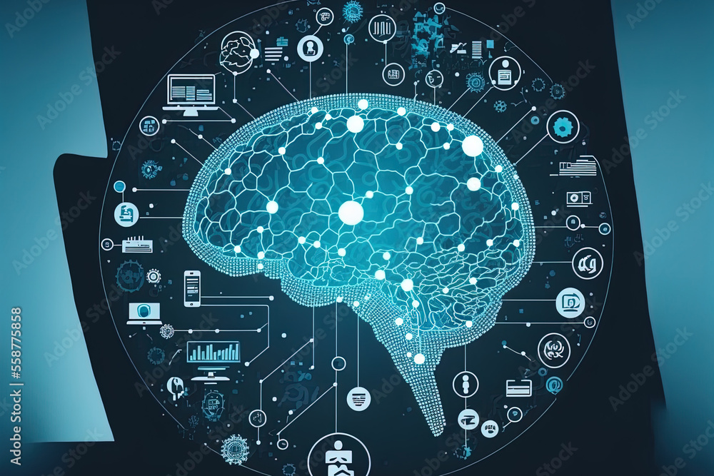 AI powered brain with a business icon Future business objectives using ...