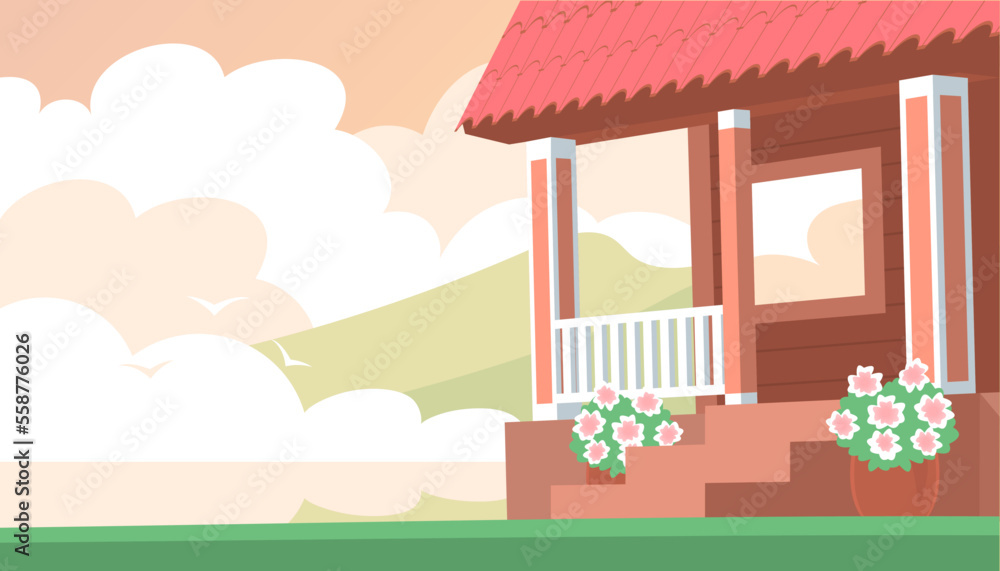 Cute porch of a wooden country house. Shore of the lake with clouds ...