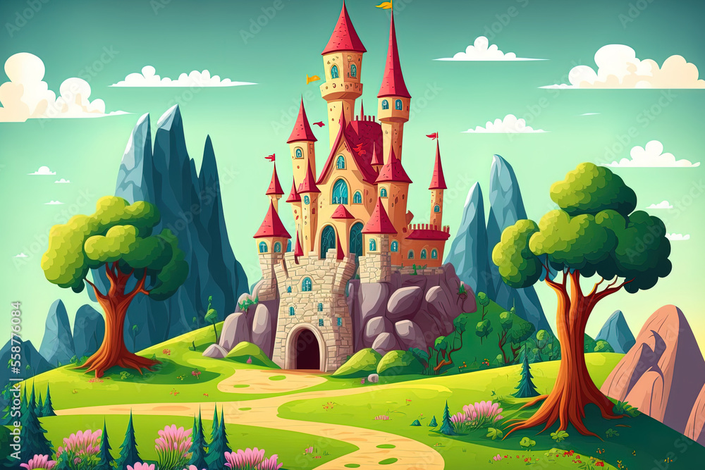 Cartoon scene for kids with a kingdom castle, mountains, a valley, a ...