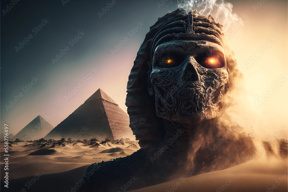 Undead mummy pharaoh with sand and pyramids. Designed using generative ...