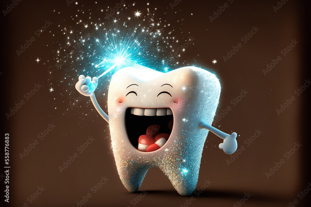 lustiger, glücklicher Comic Zahn in 3d mit Zahnbürste isoliert auf ...