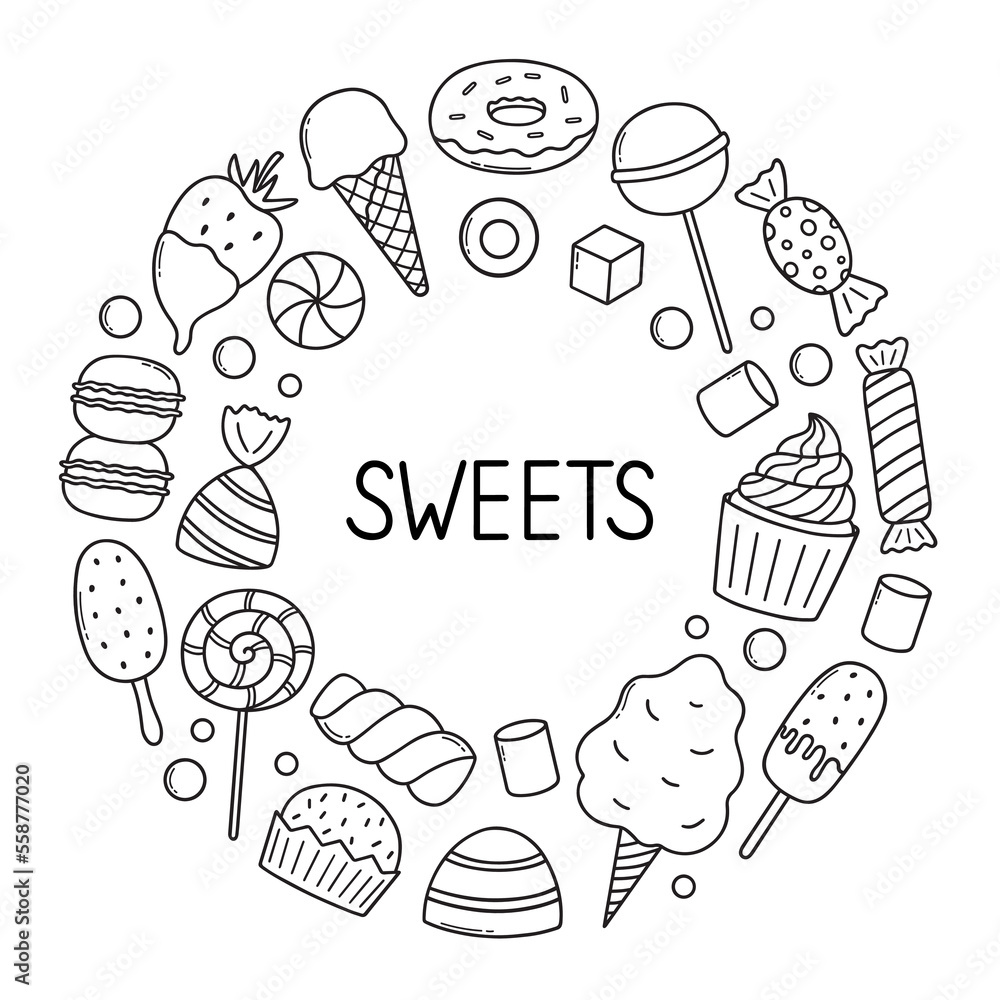 Sweets and candies doodle set. Desserts in sketch style. Hand drawn ...