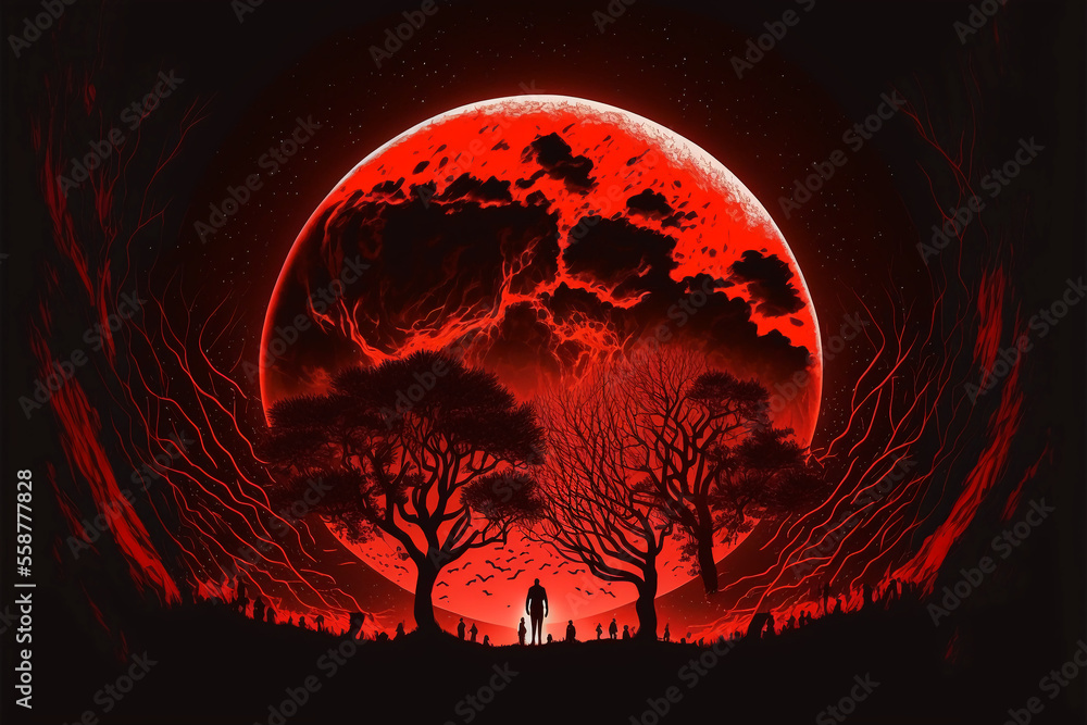Blood moon, total lunar eclipse. Generative AI. Stock Illustration ...