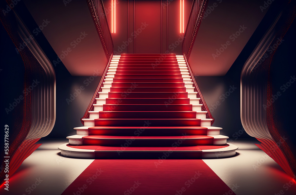 Interior scene of hotel stairs covered with red carpet. Postproducted ...