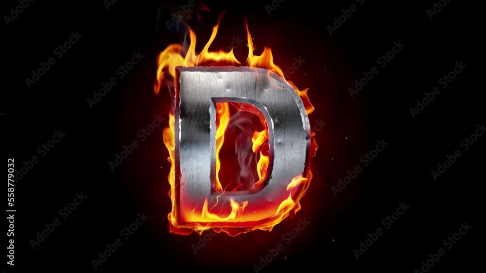 Burning metallic letter. Fiery font. Real fire flame, sparkles and ...