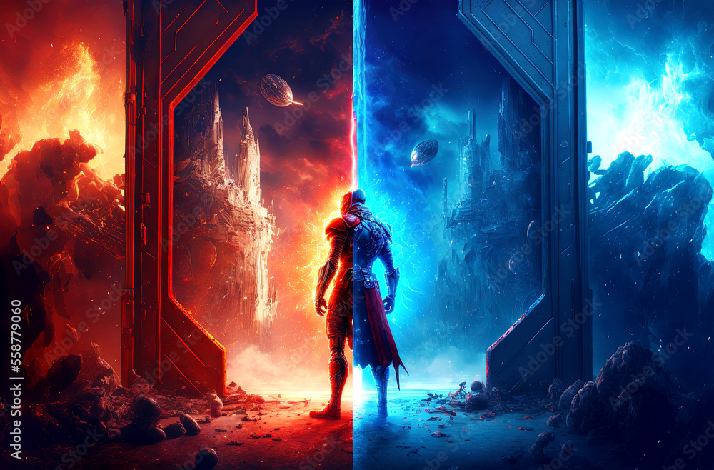 Two sides of the futuristic worlds at game in red and blue color ...
