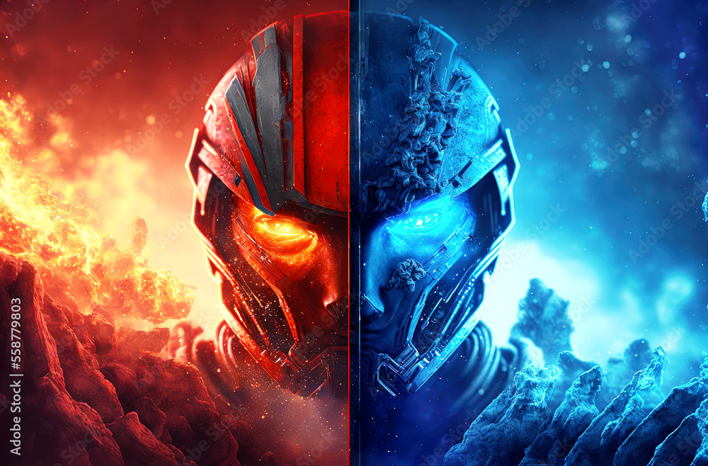 Two sides of the player at futuristic game in red and blue color ...