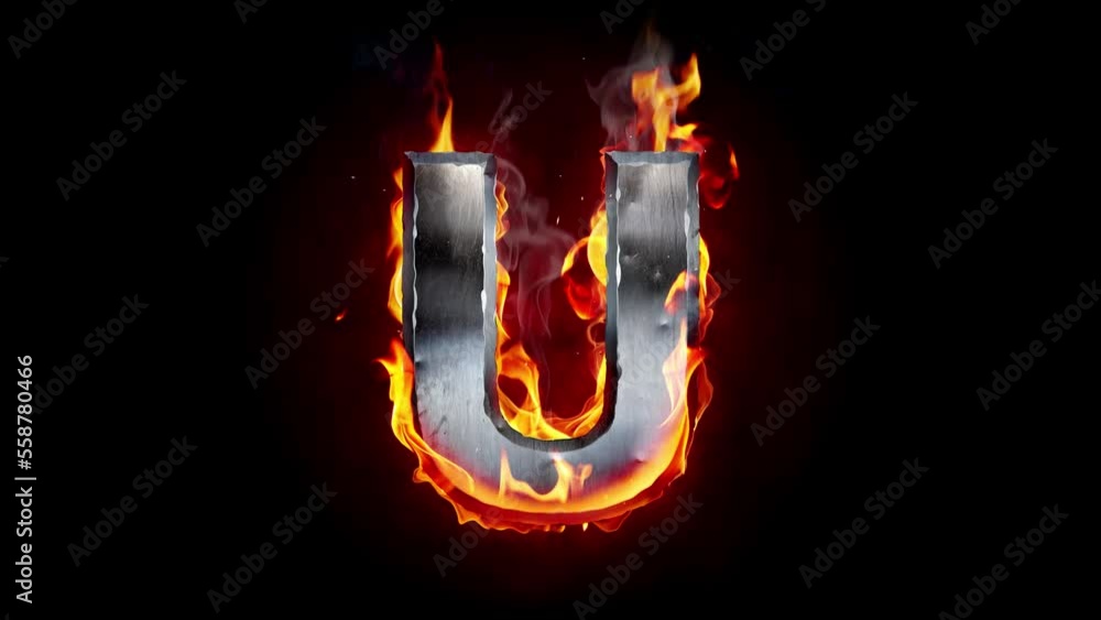 Burning metallic letter. Fiery font. Real fire flame, sparkles and ...