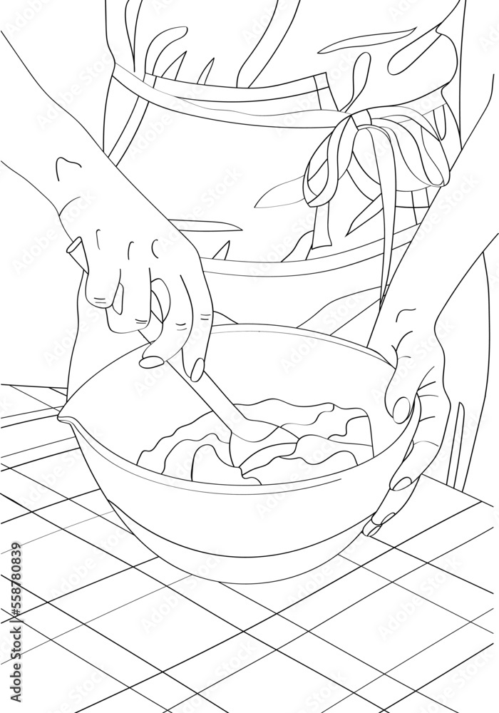 The process of food preparation. Antistress coloring. Vector black and ...