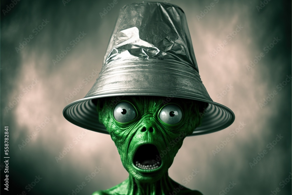 Frightened paranoid green alien wears a tinfoil hat, created with ...