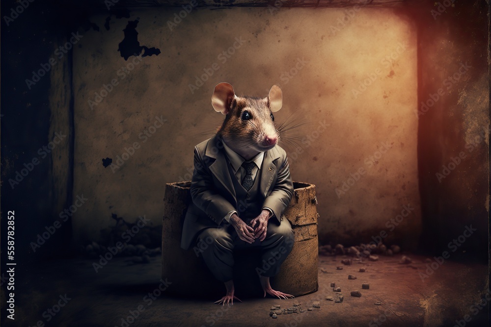 Frightened rat in a suit sits in a bunker, created with Generative AI ...