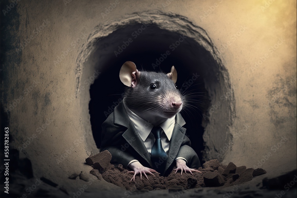 Frightened rat in a suit sits in a bunker, created with Generative AI ...