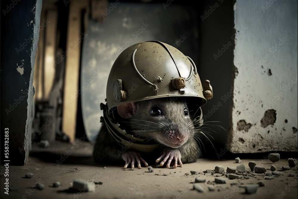 ภาพประกอบสต็อก Frightened rat in a suit with a helmet on his head ...
