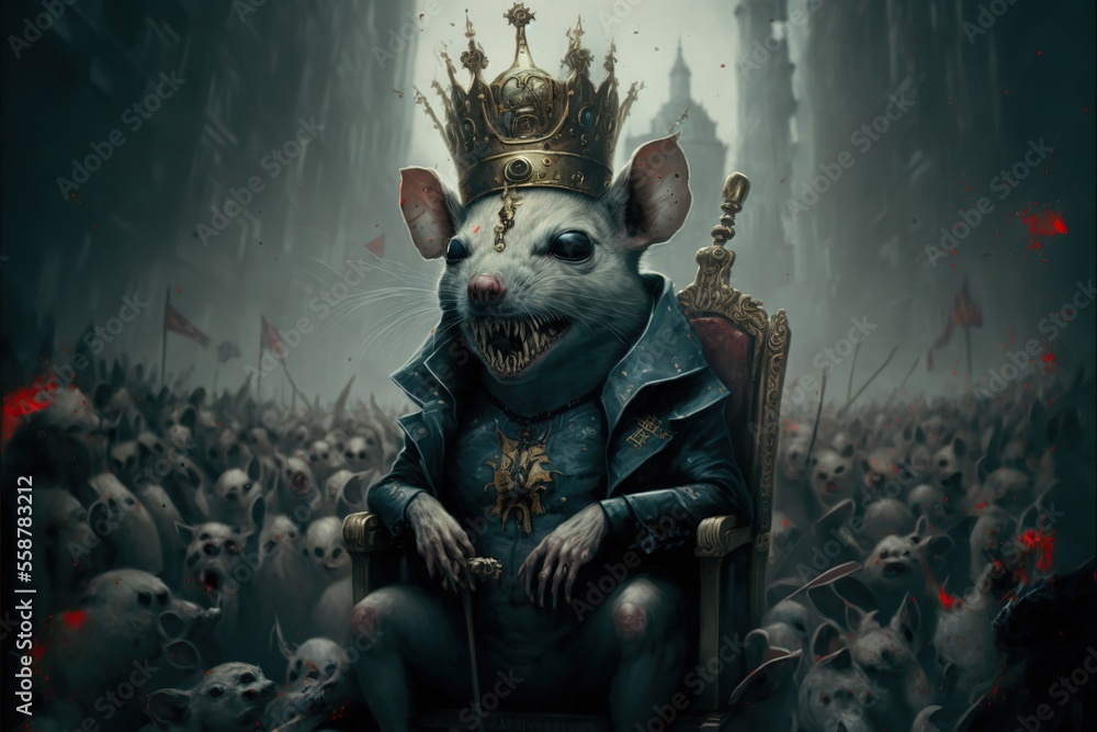 Autocratic politician rat on a throne with a crown on its head among a ...