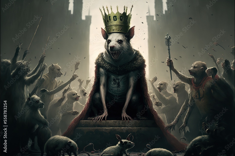 Autocratic politician rat on a throne with a crown on its head among a ...