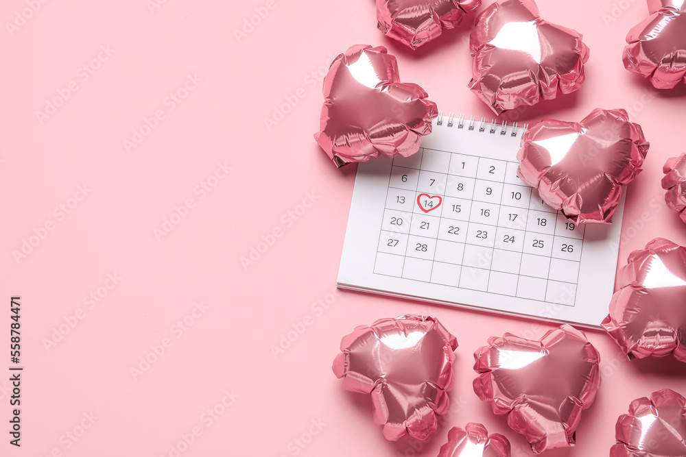 Calendar with marked date of Valentine's Day and balloons on pink ...
