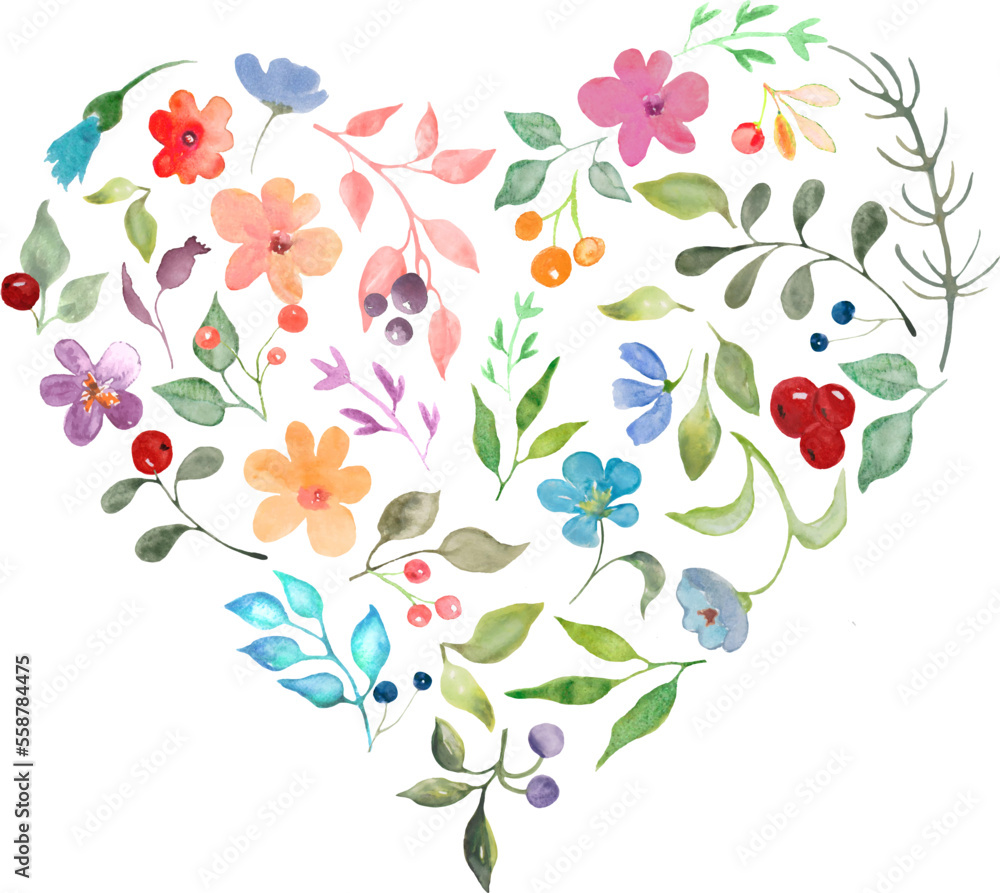 Heart made of watercolor floral. Valentine's Day card. Hand drawn ...