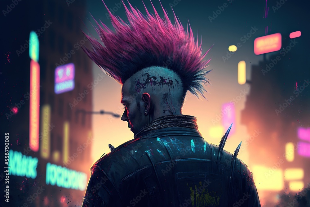 A punk man with purple, spiky hair in a futuristic cyberpunk neon light ...