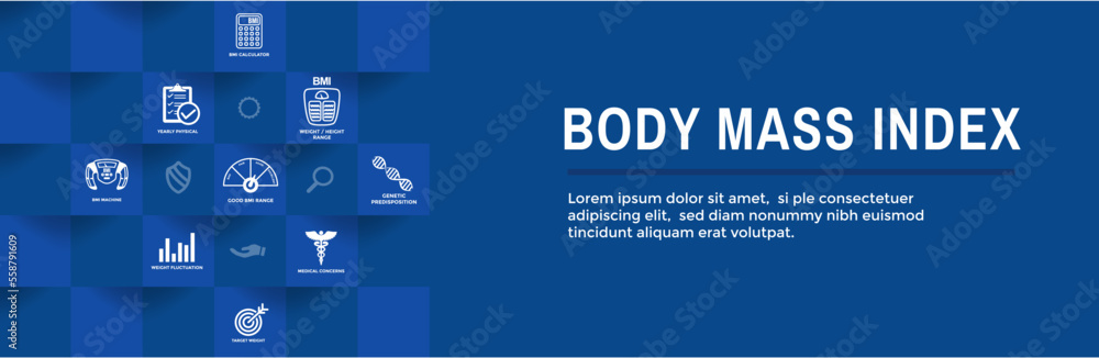 BMI or Body Mass Index Icons with Web Header Banner- scale, indicator ...
