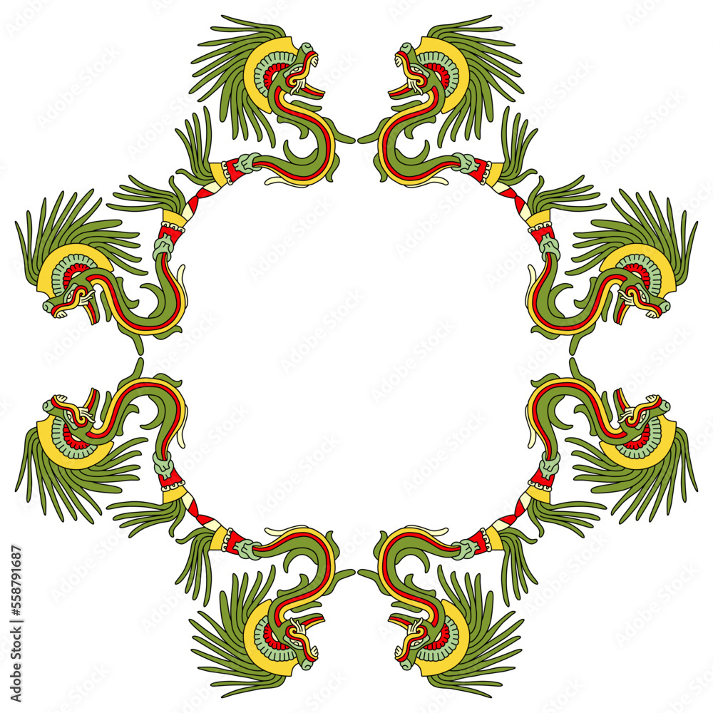Square ethnic frame with fantastic animals. Quetzalcoatl Feathered ...