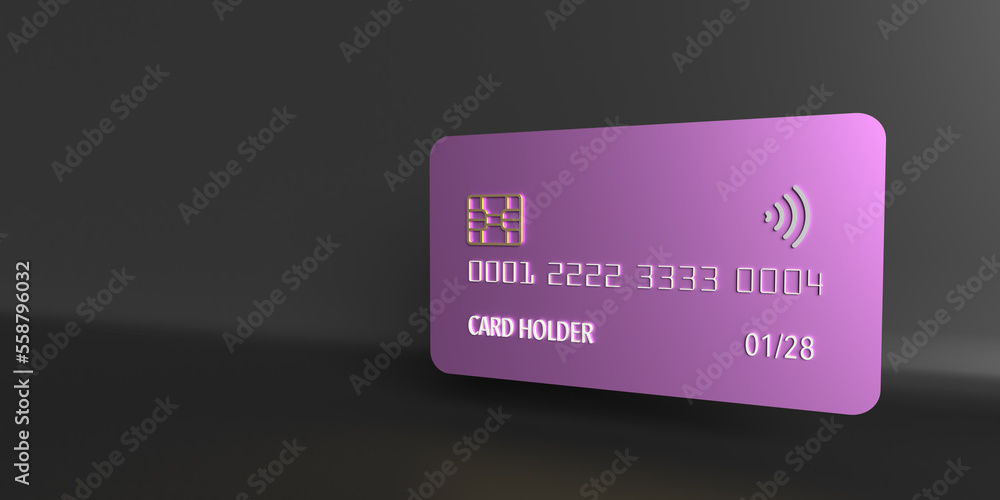 3D Purple blank plastic Credit card illustration. Side view mockup ...