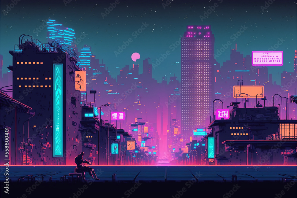 Pixel art of cyberpunk city Stock Illustration | Adobe Stock
