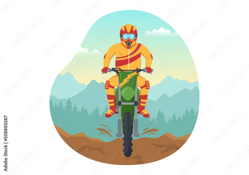 Motocross Illustration with a Rider Riding a Bike Through Mud, Rocky ...