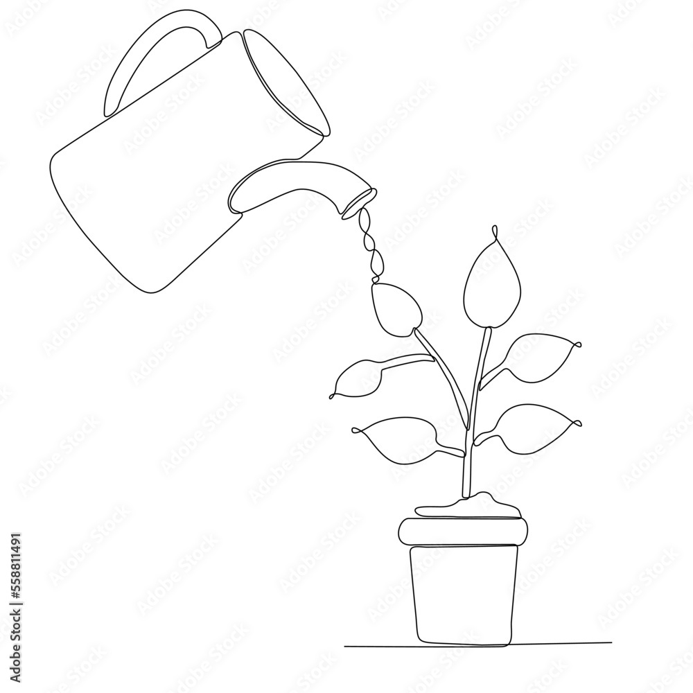 continuous line drawing of sapling in watering earth vector Stock ...