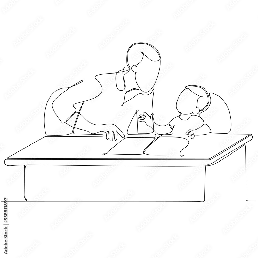 continuous single line drawn father reading a book to little son hand ...