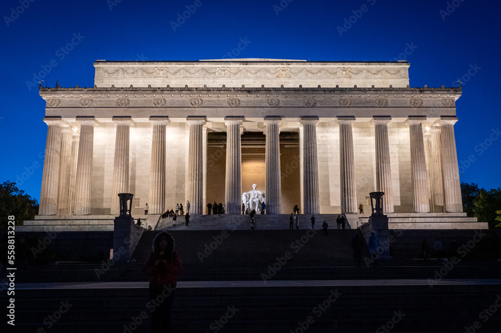 Sunset view of the Lincoln Memorial facade, the monument located on the ...