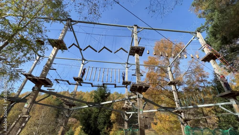 Intrepid kids having fun with suspended rope bridge and zipline at ...