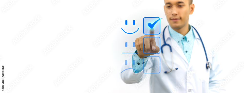 Satisfaction survey doctor pressing smiley face emoticon on virtual ...