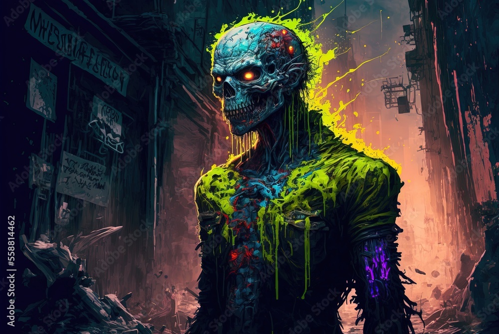 Toxic undead cyberpunk zombie tainted with radiation poisoning prowling ...
