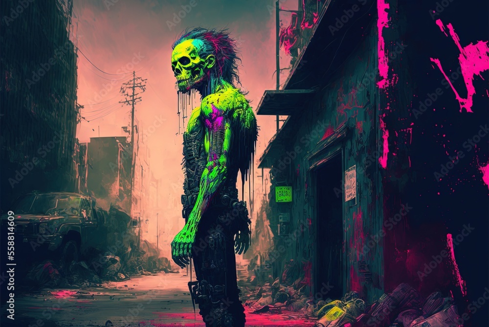Toxic undead cyberpunk zombie tainted with radiation poisoning prowling ...