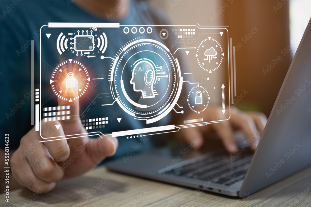 Man point finger touching digital virtual screen AI digital ...