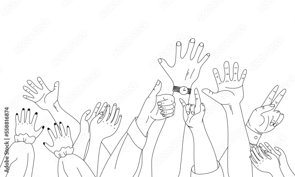 line drawing of group hands up scenes on transparent background. Stock ...